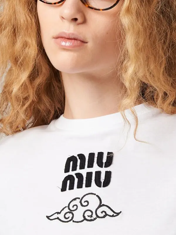 Miu Miu Logo-Embroidered Cotton T-Shirt - White | Editorialist