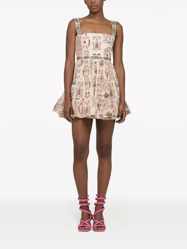 Agua Bendita Lima Bouquet Hand-embroidered Mini Dress - Neutrals