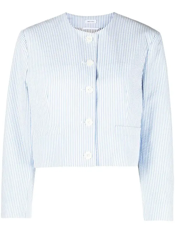 Thom Browne Seersucker Cropped Jacket With Rwb Stripe Detail - Blue