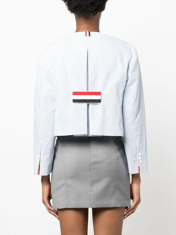 Thom Browne Seersucker Cropped Jacket With Rwb Stripe Detail