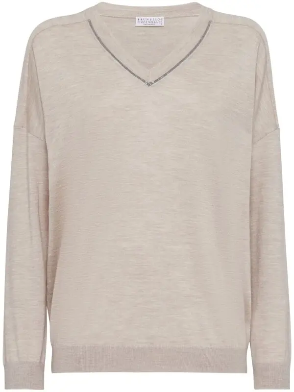 Brunello Cucinelli V-neck Cashmere-silk Sweatshirt - Neutrals