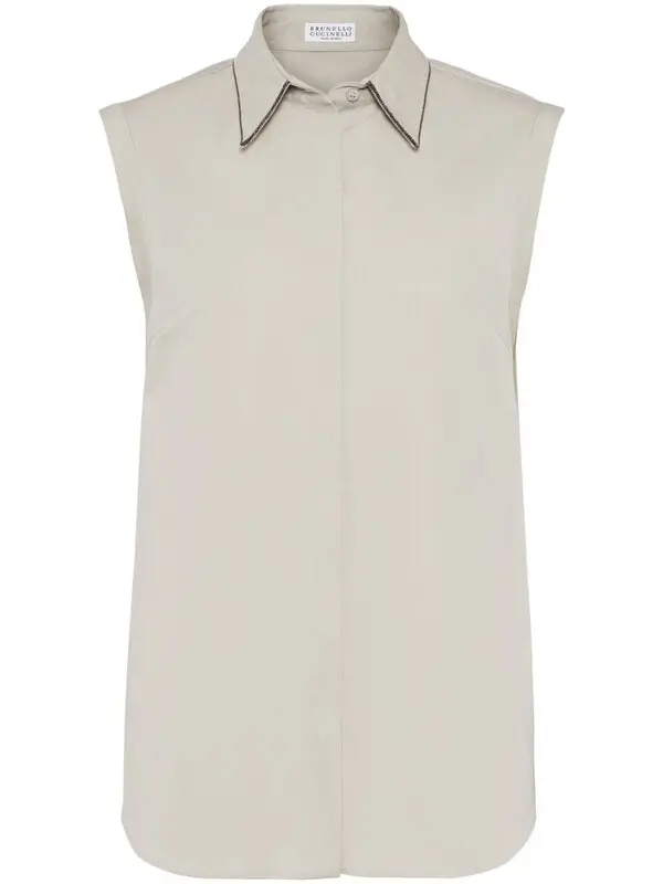 Brunello Cucinelli Sleeveless Cotton-blend Blouse With Monili Chain Detail
