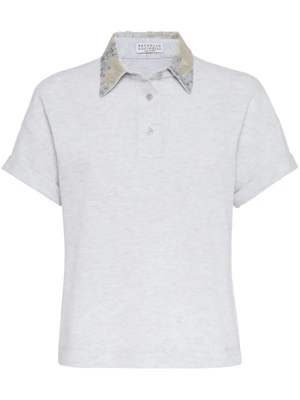Brunello Cucinelli Embellished-collar Cotton Polo Shirt - Grey
