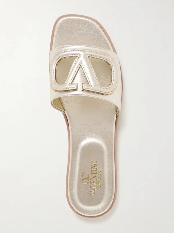 Valentino Garavani Vlogo Cutout Metallic Leather Slides - Gold