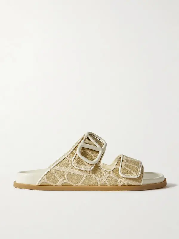 Valentino Garavani Vlogo Embellished Canvas-jacquard Slides - Neutrals