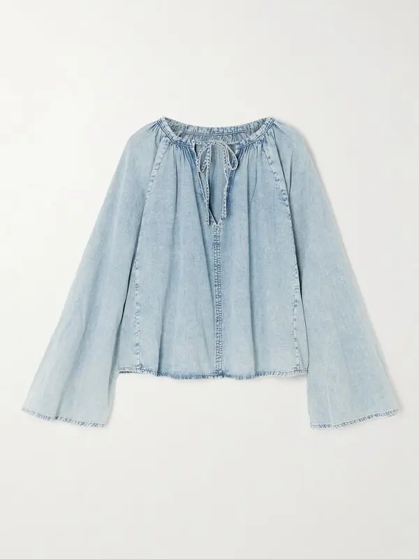 FRAME Gathered Cotton And Linen-blend Chambray Blouse - Blue