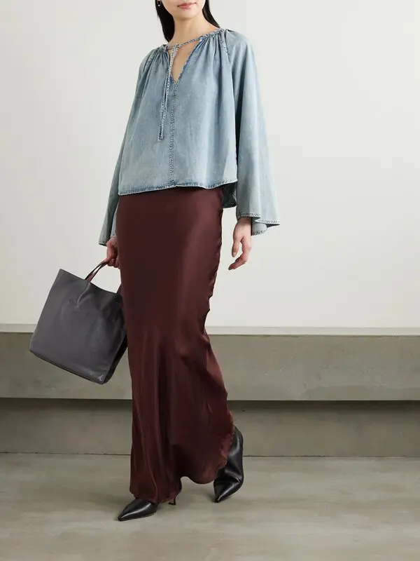 FRAME Gathered Cotton And Linen-blend Chambray Blouse - Blue