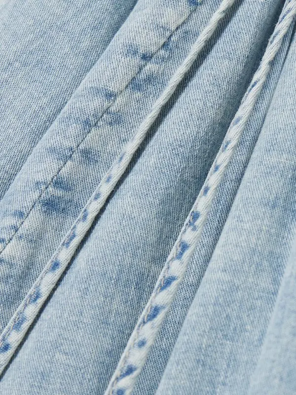 FRAME Gathered Cotton And Linen-blend Chambray Blouse - Blue