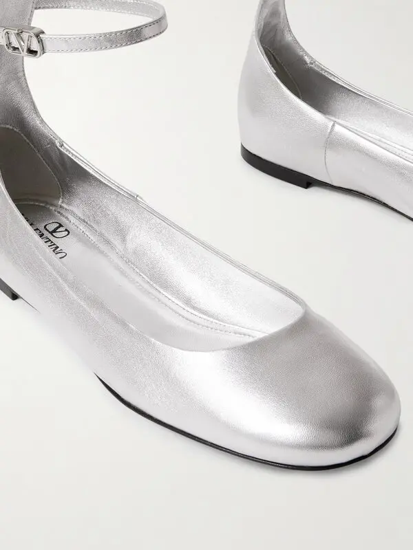Valentino Garavani Tan-go Metallic Leather Ballet Flats - Silver
