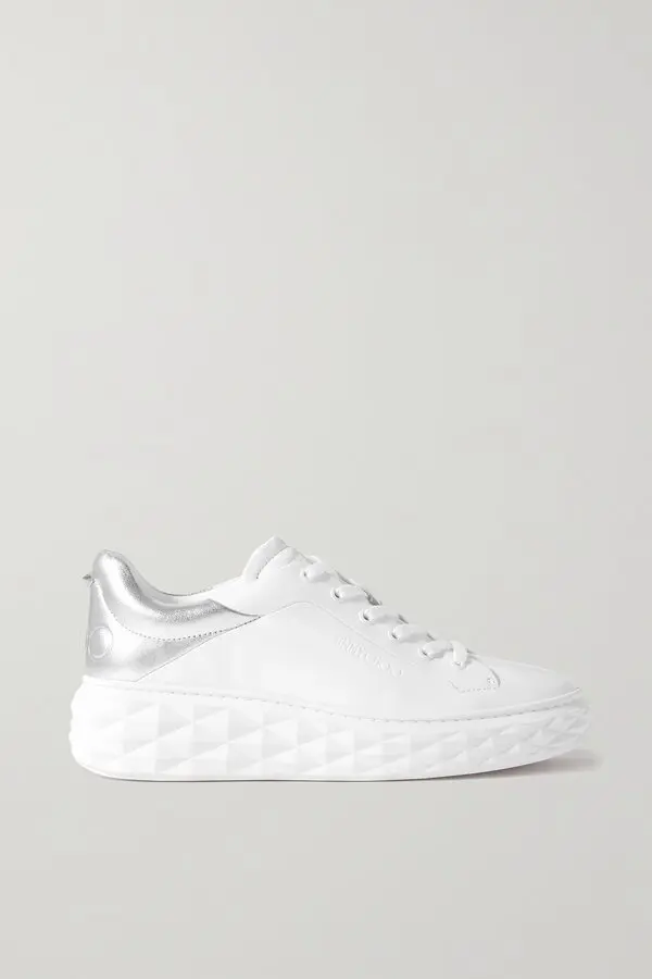 JIMMY CHOO Diamond Maxi Metallic Leather Platform Sneakers - White