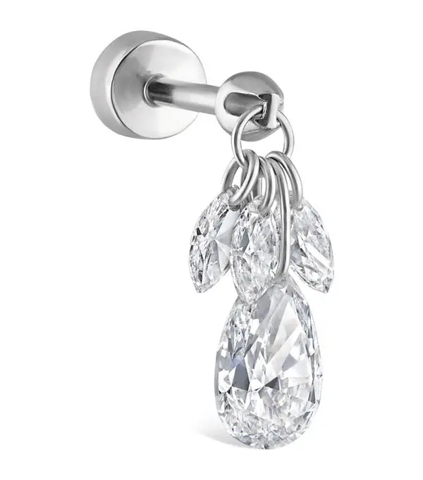MARIA TASH Floating Pear Diamond Plume Threaded Charm Earring - White