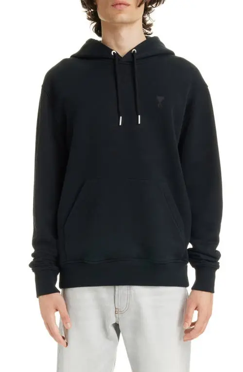 AMI Paris De Coeur Embroidered Cotton Knit Hoodie - Black/001