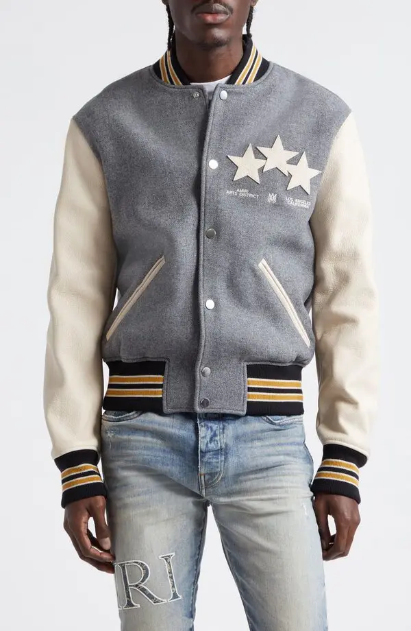 Amiri Star Appliqué Leather Sleeve Virgin Wool Blend Varsity