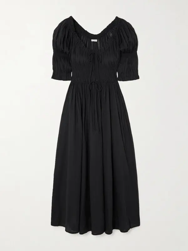 DÔEN Ischia Shirred Organic Cotton-voile Midi Dress - Black