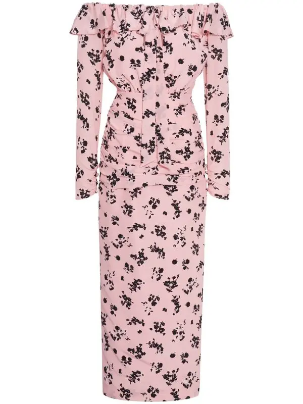 Alessandra Rich Floral-Print Off-Shoulder Midi Dress - Pink