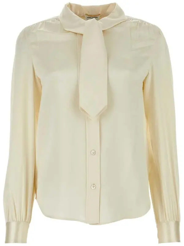 Saint Laurent Lavallière-neck Silk-satin Blouse - Neutrals