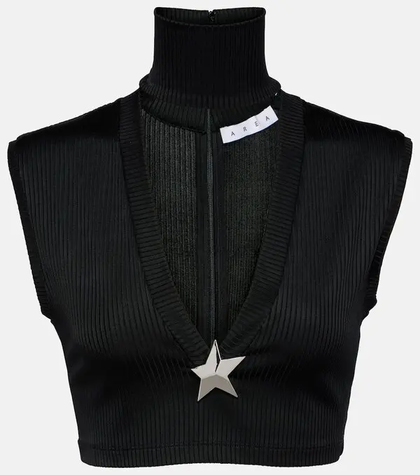 AREA Star Stud Ribbed-knit Crop Top