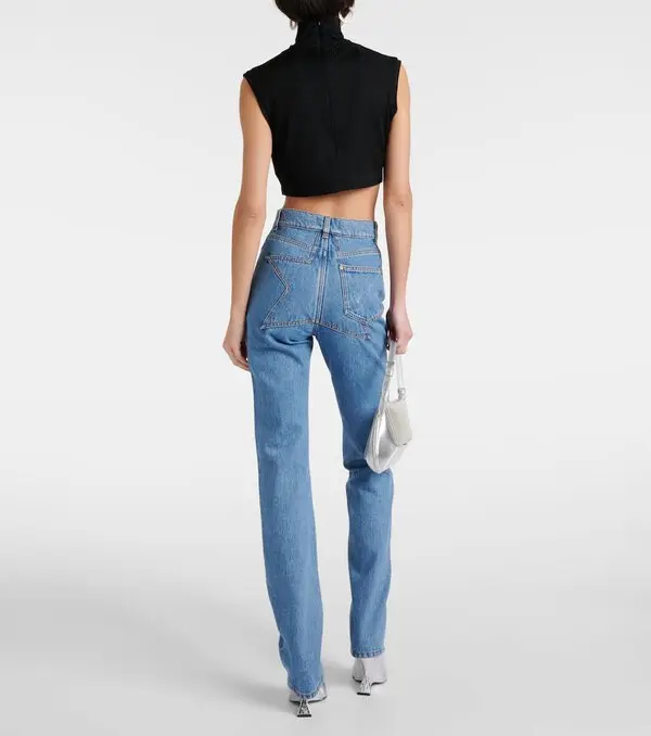 AREA Star Studded Ribbed-knit Crop Top