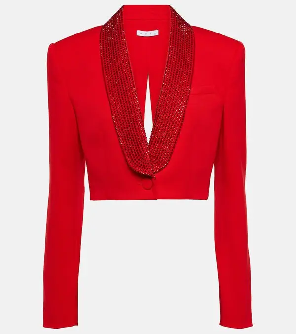 AREA Crystal-embellished Cropped Wool Blazer - Red