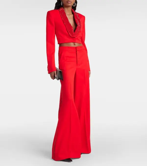 AREA Crystal-embellished Cropped Wool Blazer - Red