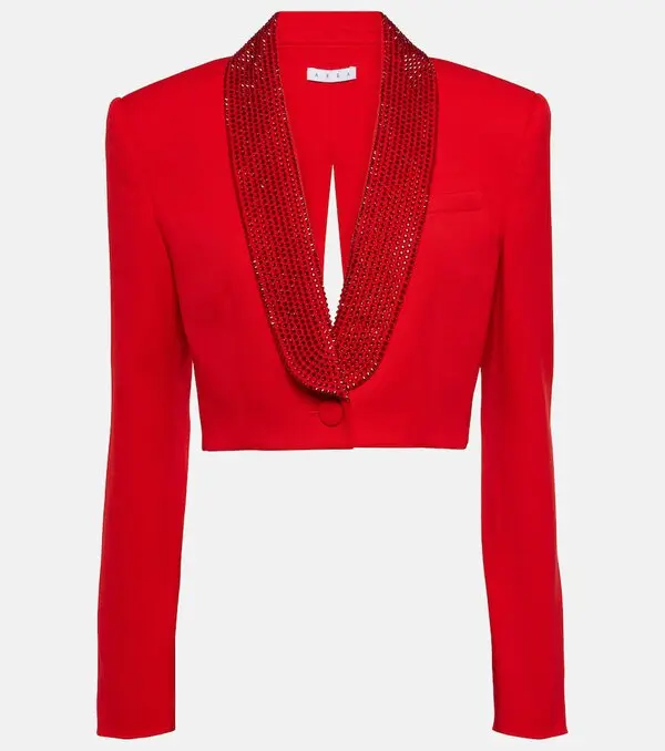 AREA Crystal-embellished Cropped Wool Blazer - Red