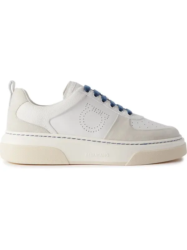 FERRAGAMO Suede-trimmed Perforated Leather Sneakers