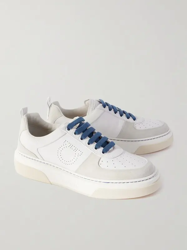 FERRAGAMO Suede-trimmed Perforated Leather Sneakers