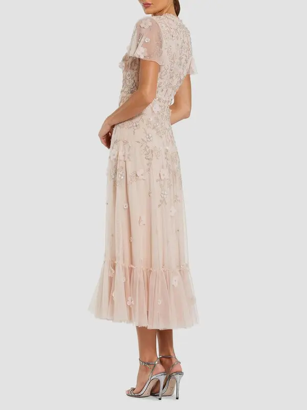 Mac Duggal Sequined Floral Tulle Midi-dress - Blush