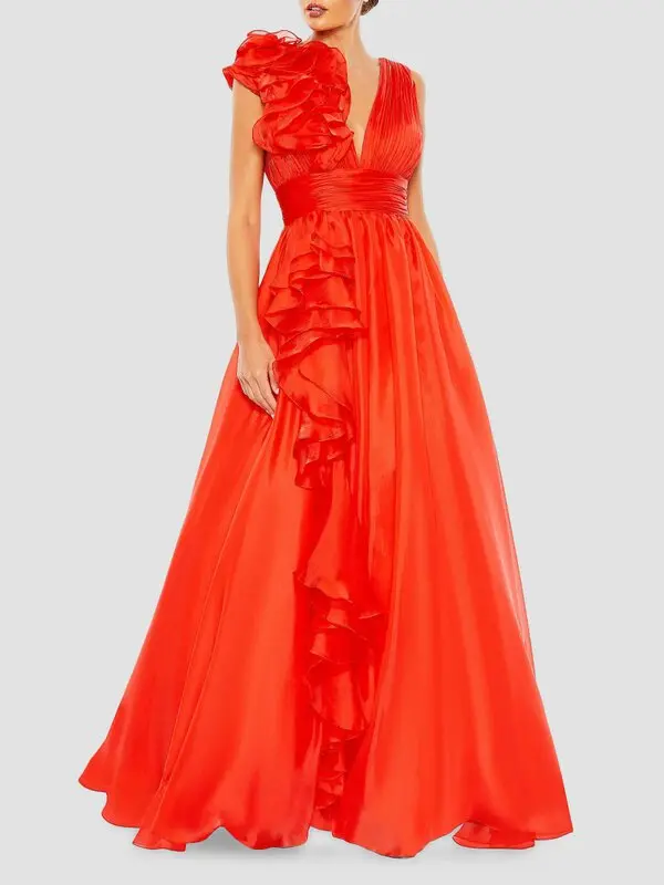Mac Duggal Satin Plunge Ruffled A-line Gown - Cherry