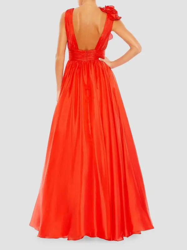 Mac Duggal Satin Plunge Ruffled A-line Gown - Cherry