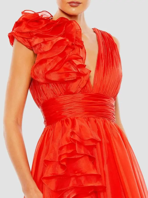 Mac Duggal Satin Plunge Ruffled A-line Gown - Cherry