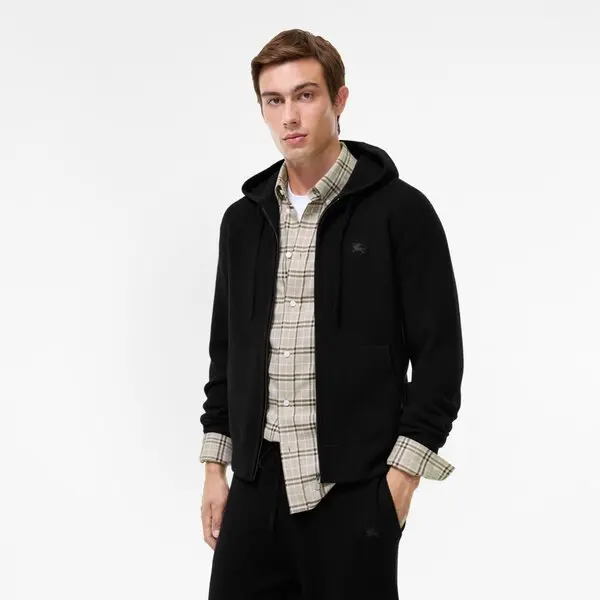 Burberry Cashmere Blend Zip Hoodie With Equestrian Knight Design - Black