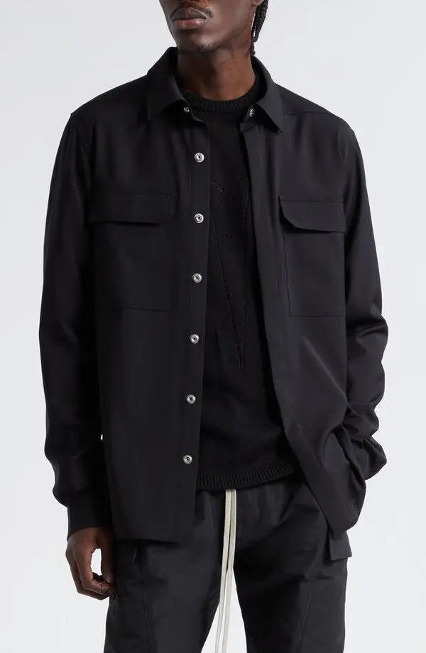 Rick Owens Strap Back Wool Snap-up Shirt