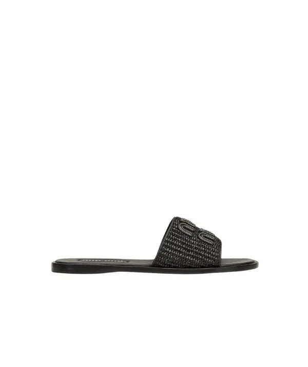 Miu Miu Raffia Logo Flat Slides - Nero