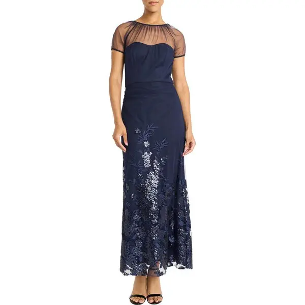 Maggy London Floral Appliqué Mesh Gown - Navy