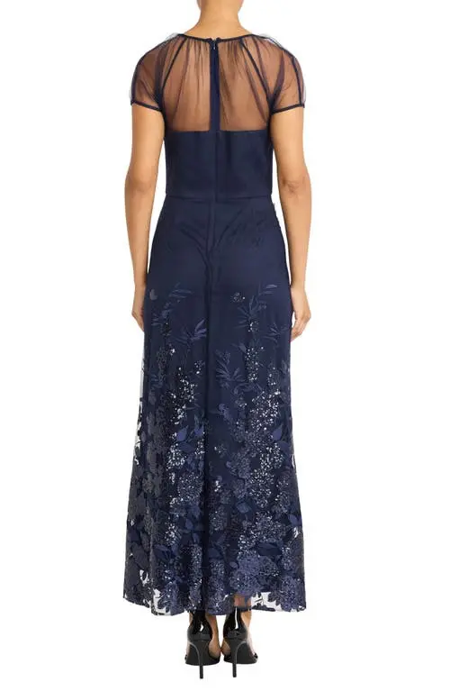 Maggy London Floral Appliqué Mesh Gown