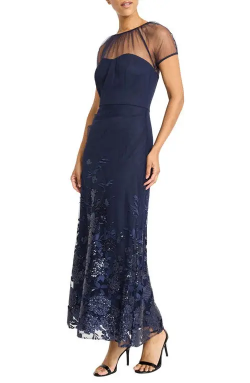 Maggy London Floral Appliqué Mesh Gown