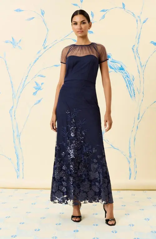 Maggy London Floral Appliqué Mesh Gown