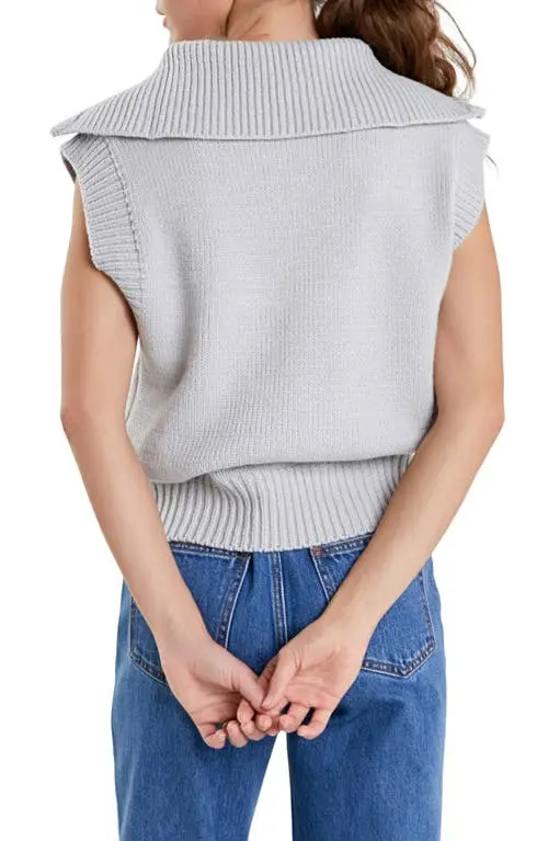 English Factory Zip Mock Neck Cap Sleeve Sweater - Grey