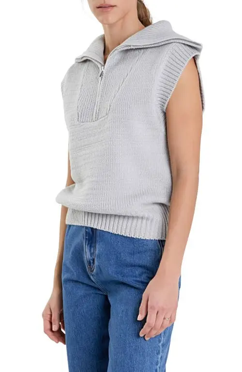 English Factory Zip Mock Neck Cap Sleeve Sweater - Grey