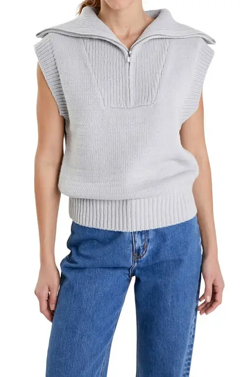 English Factory Zip Mock Neck Cap Sleeve Sweater - Grey