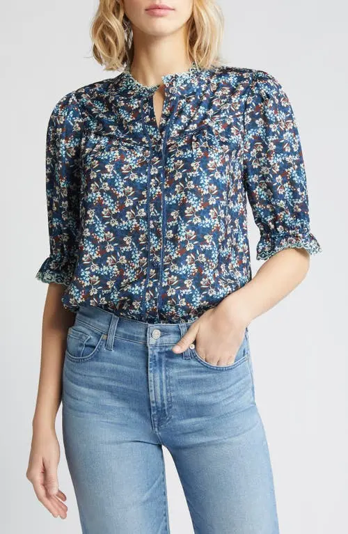 Wit & Wisdom Print Ruffle Eyelet Shirt - Island Sky Multi