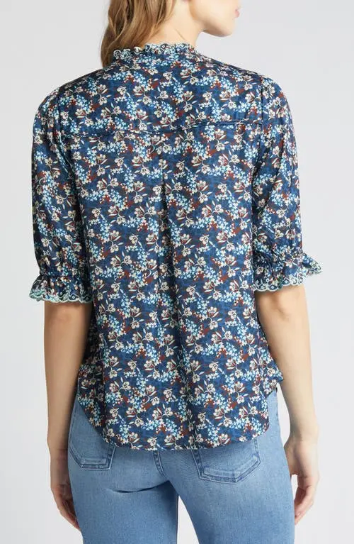 Wit & Wisdom Print Ruffle Eyelet Shirt - Island Sky Multi