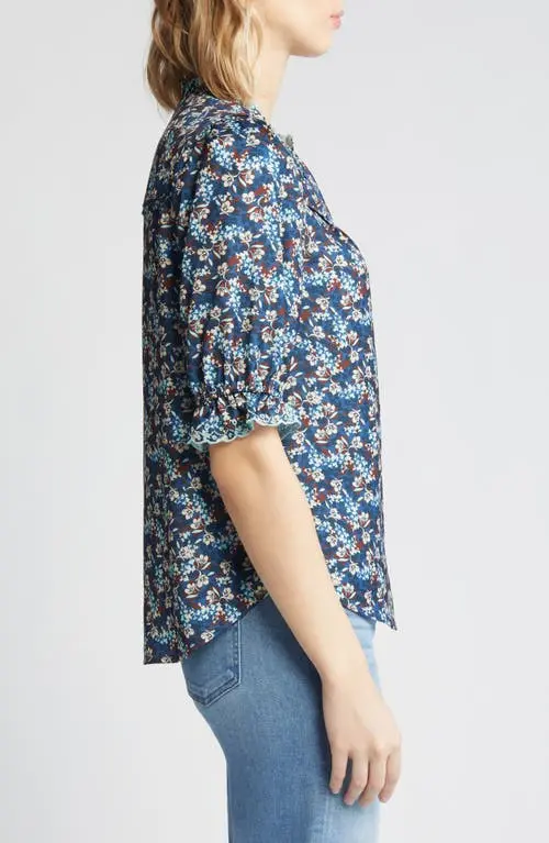 Wit & Wisdom Print Ruffle Eyelet Shirt - Island Sky Multi