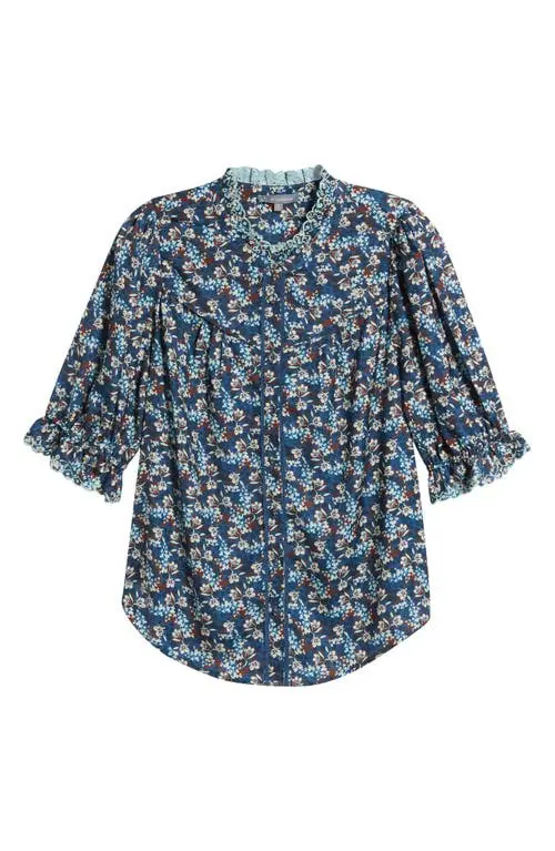 Wit & Wisdom Print Ruffle Eyelet Shirt - Island Sky Multi