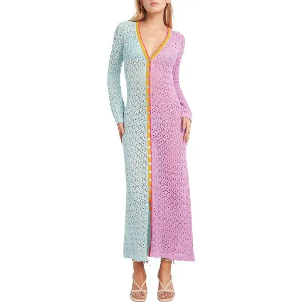 CAPITTANA Alexandra Long Sleeve Colorblock Cover-up Maxi Sweater Dress - Purple/teal Multi