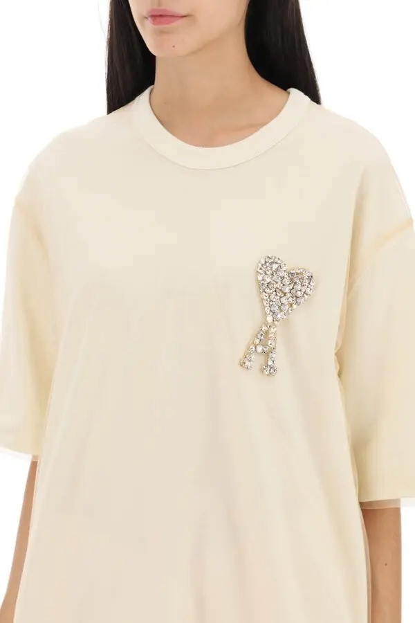 Ami Paris Jersey And Tulle T Shirt With Rhinestone Studded Logo
