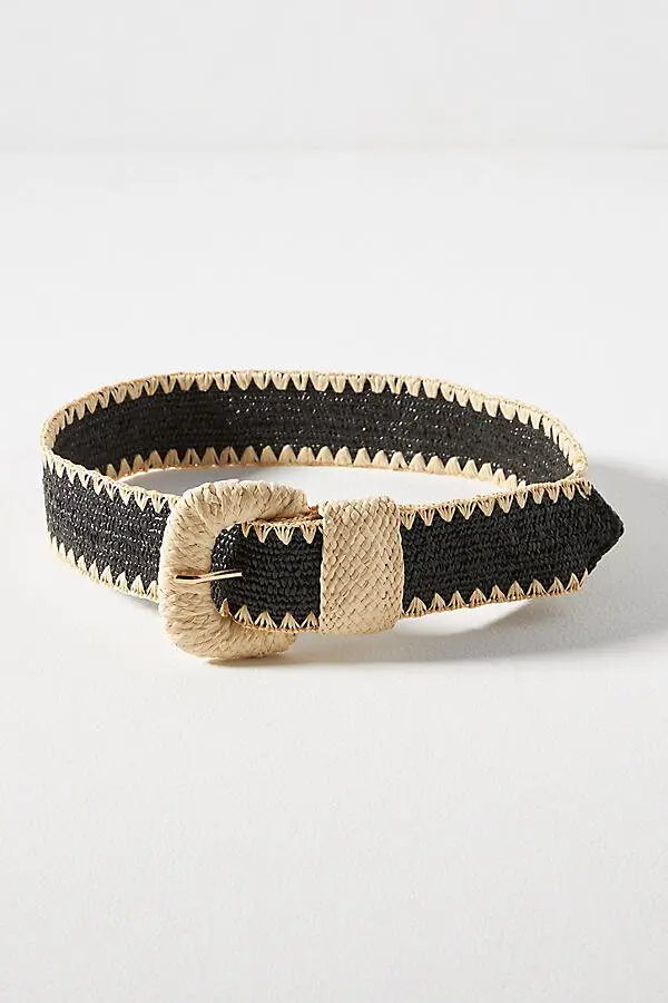 Anthropologie Raffia-wrapped Stretch Waist Belt - Black Pattern