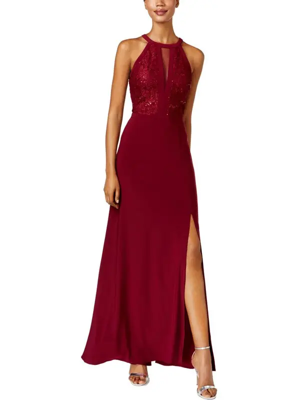 slim fit dress slacks Halter Sequin Gown with Keyhole Cutout | Sheer Glitter Mermaid Dress  CDCC427