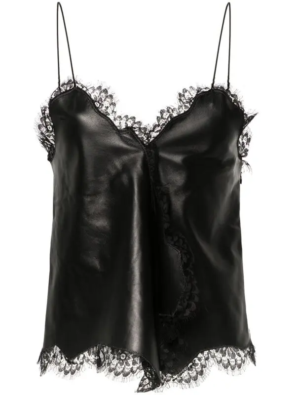 Off-White Lace-trim Leather Top - Black